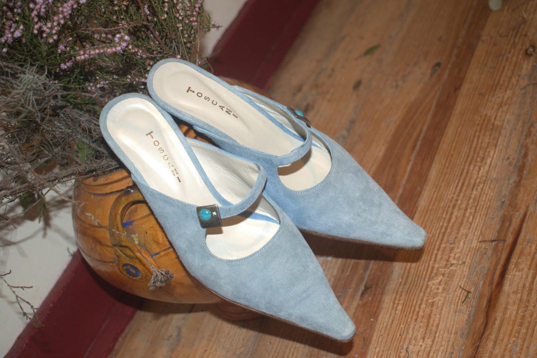 Vintage Suede Kitten Heel Mules: Baby Blue Leather, Size US 4.5 - Etsy