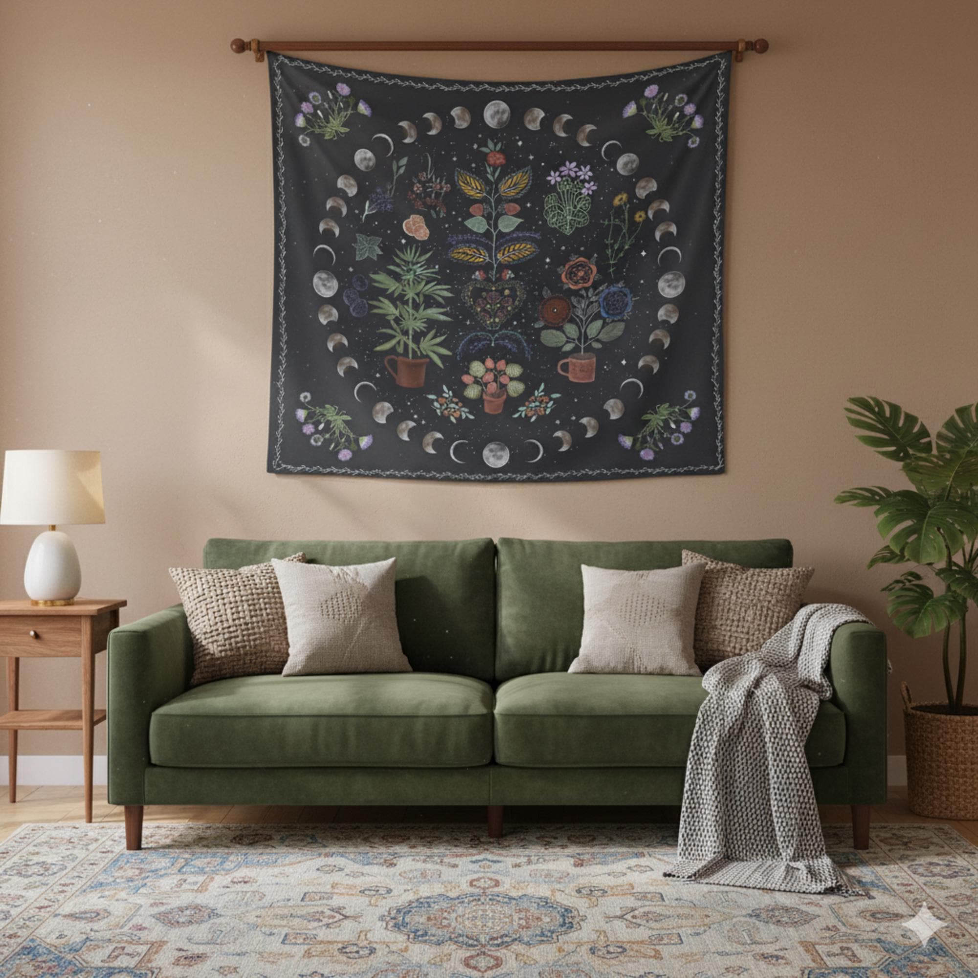 Plant Moon Phase Tapestry, Wall Lounge Hanging, Floral Pattern Tapestry ...