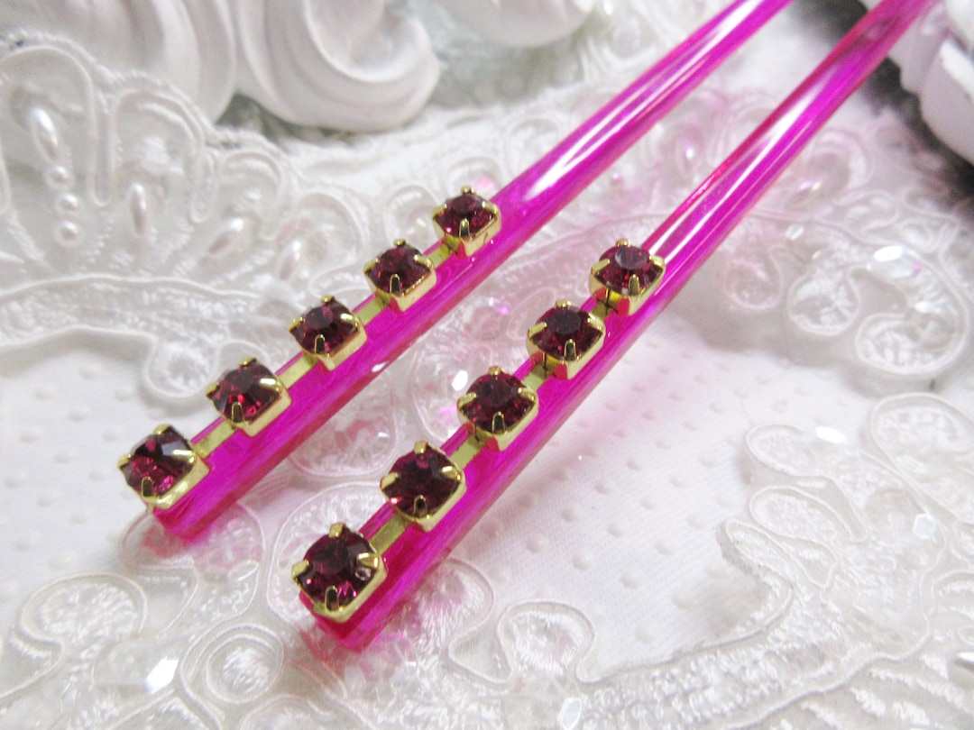 Vintage Hot Pink Oriental Hair Stick Pair With 6 Mm Fuchsia Austrian ...