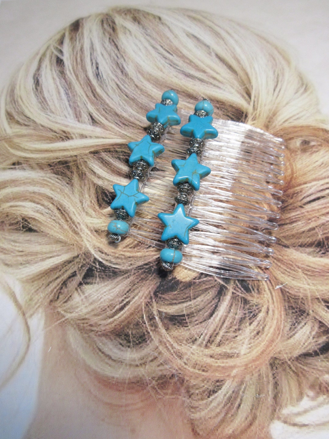 Turquoise and Howlite Star Beaded Hair Comb Pair, Turquoise Side Hair ...