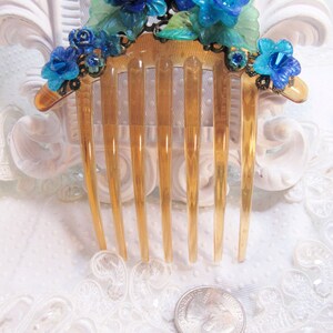 Tropical Blues Greens Lucite Hand Painted French Hair Comb, Hand Beaded ...
