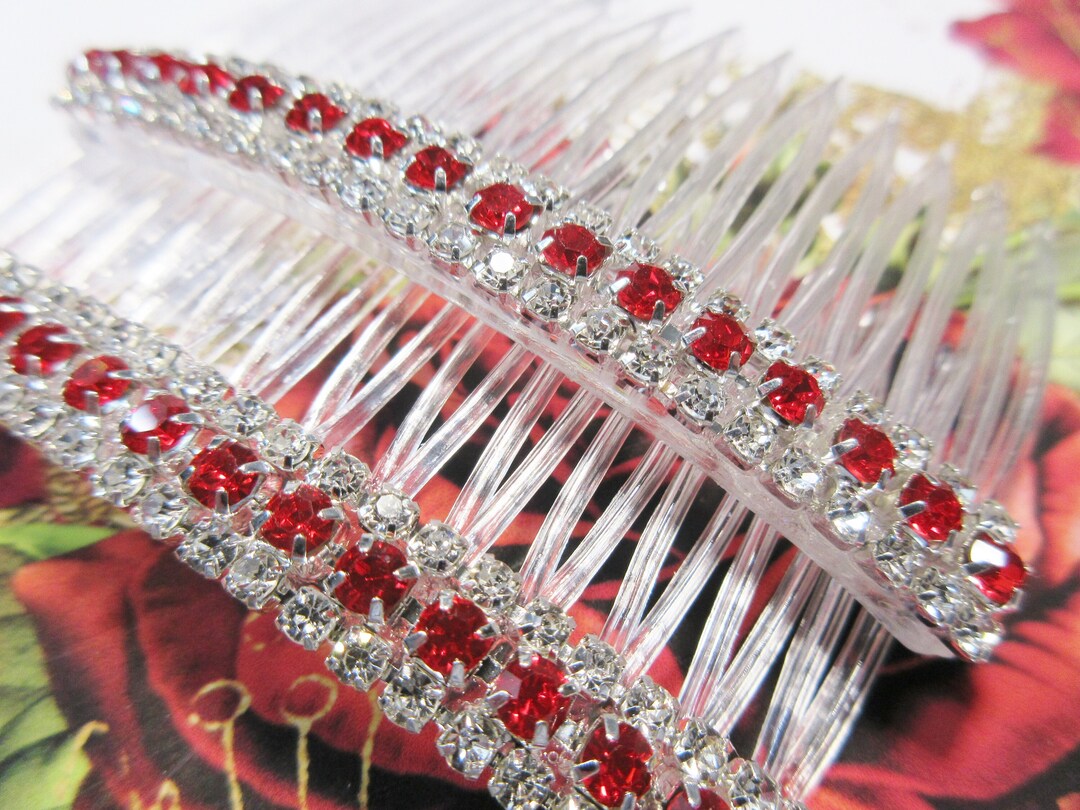 Triple Row Clear and Red AAA Rhinestone Side Hair Comb Pair, Black Tie ...