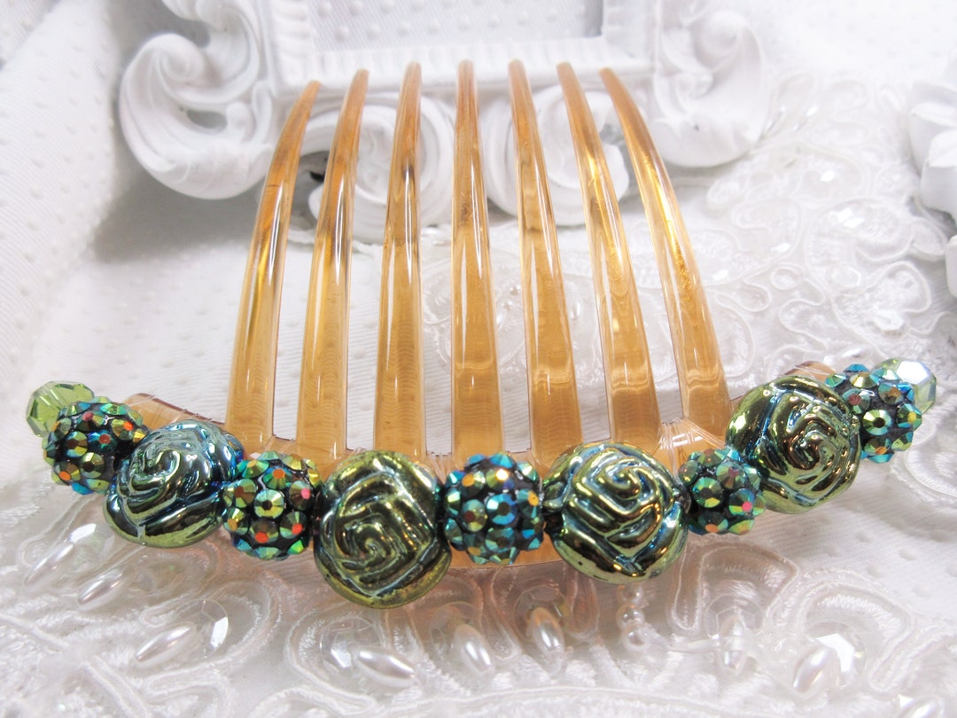 Iridescent Rose Beaded French Hair Comb, St Patrick's Day Large Hair ...