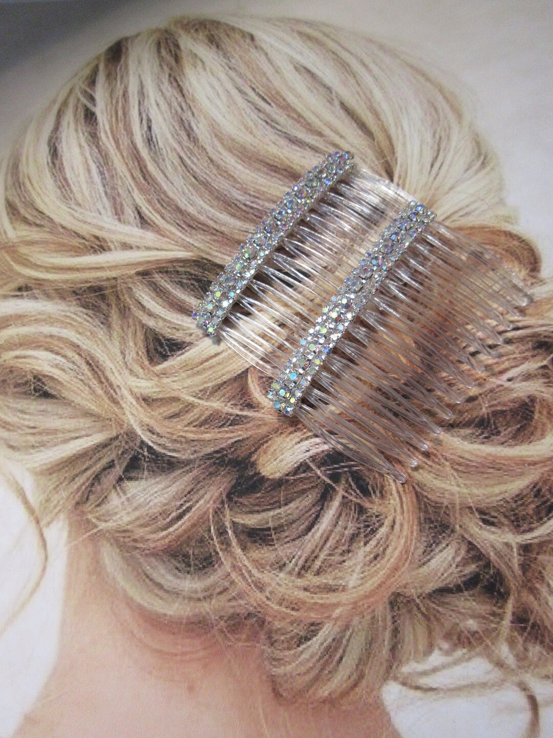 Triple Row Aurora Borealis Crystal Rhinestone Side Hair Comb Pair ...