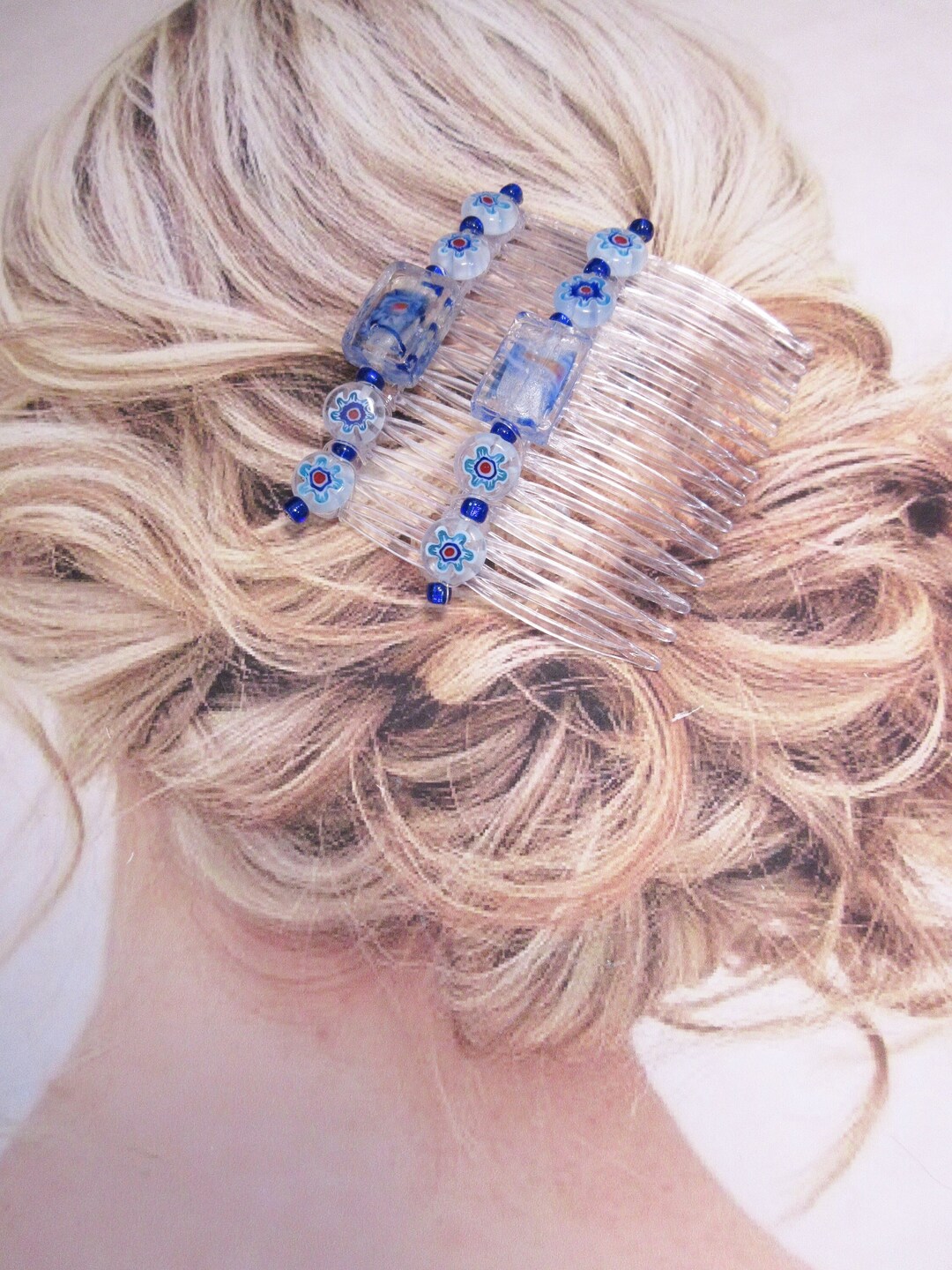 Murano and Millefiori Italian Glass Beads Side Hair Comb Pair Hand Made ...