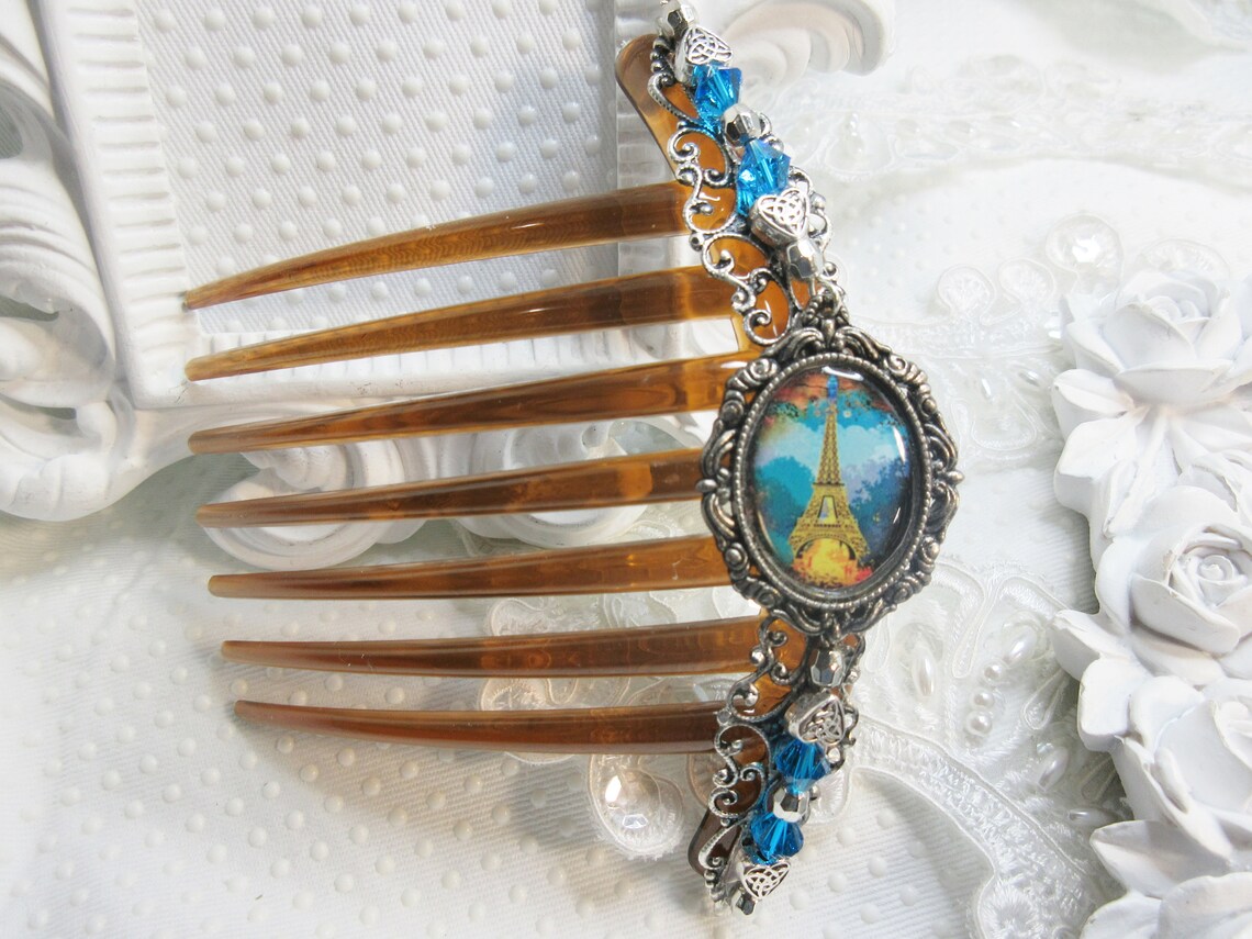 Eiffel Tower French Hair Comb With Hand Decoupaged Cameo With | Etsy