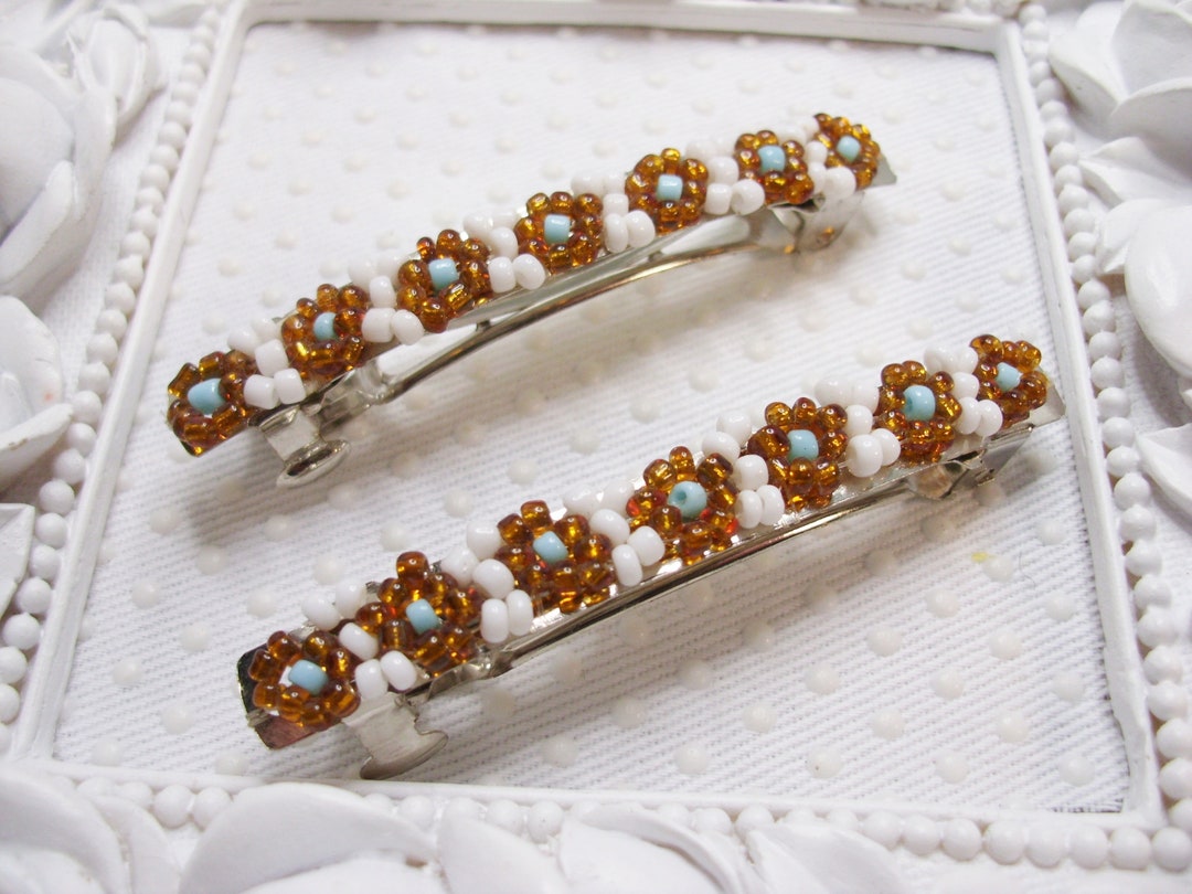 Hand Beaded Multi Color Full Size Barrette Pair, Beaded Festival ...