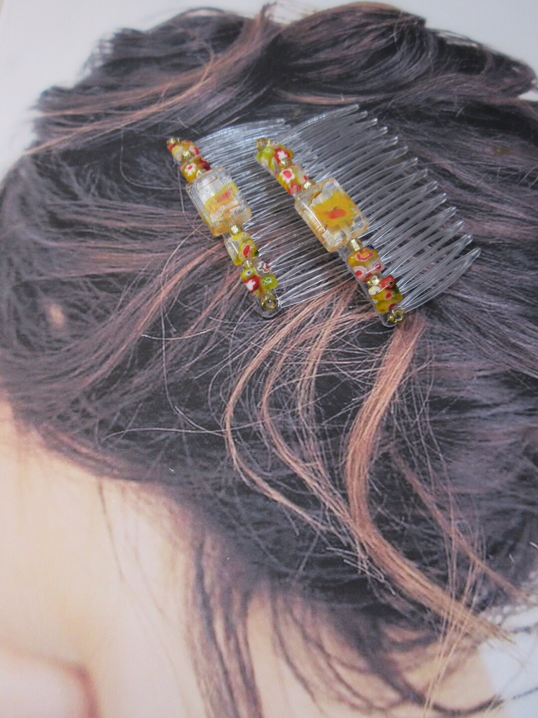 Murano and Millefiori Italian Glass Beads Side Hair Comb Pair Hand Made ...