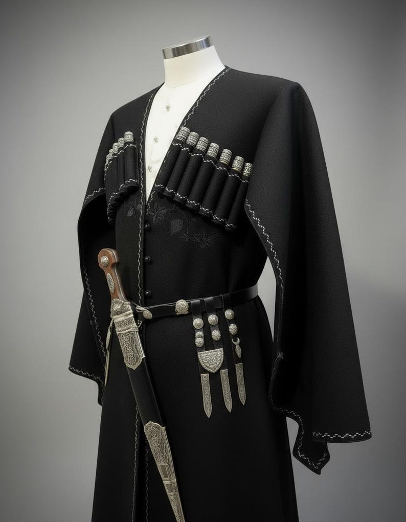 Handcrafted Black Georgian Chokha - Traditional Caucasian Coat, Wedding ...