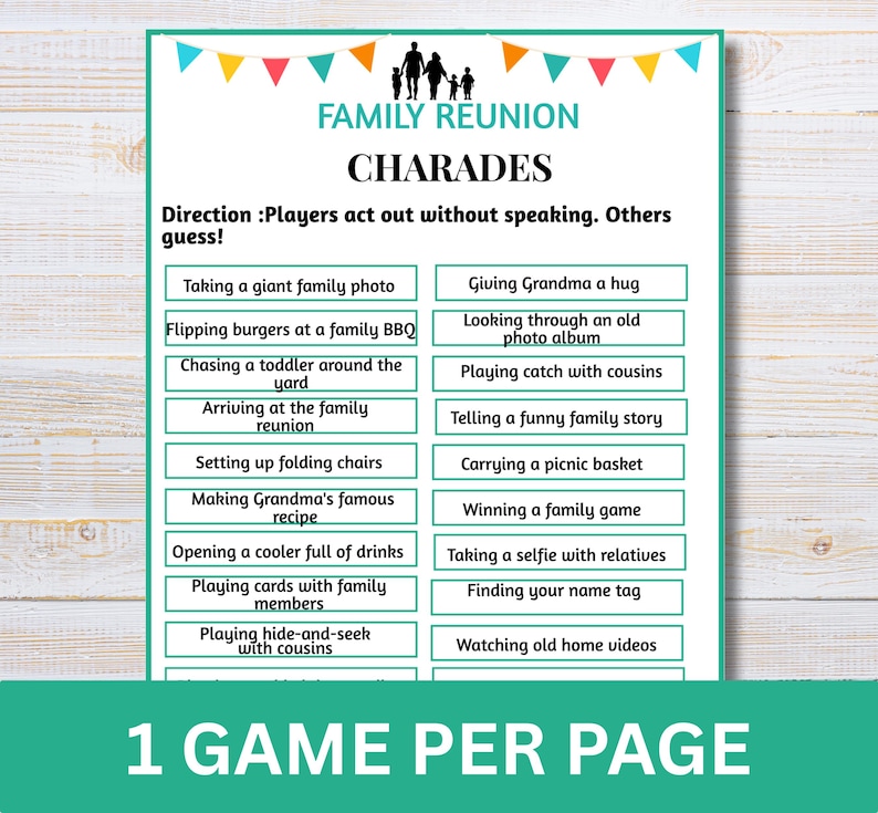 Family Reunion Charades Game Printable | Family Gathering Icebreaker ...