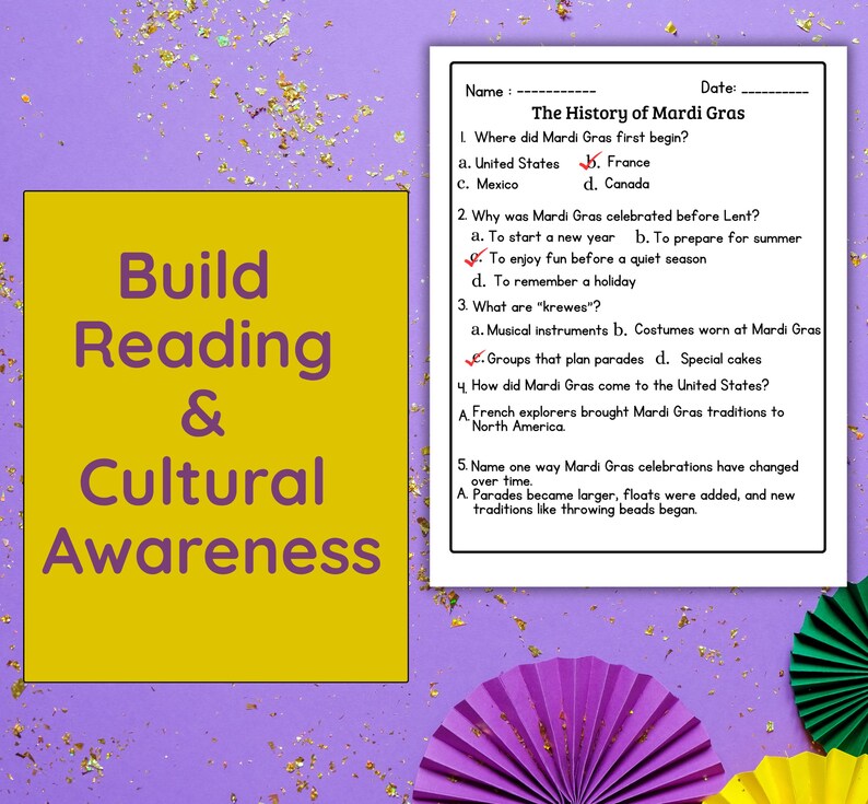 Mardi Gras Reading Comprehension | Grade 3–4 | Carnival Worksheets ...