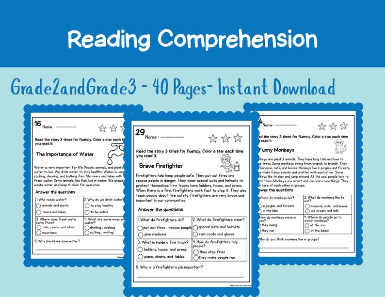 40 Reading Comprehension Passages for Grade 2 & 3 | Printable Fluency ...
