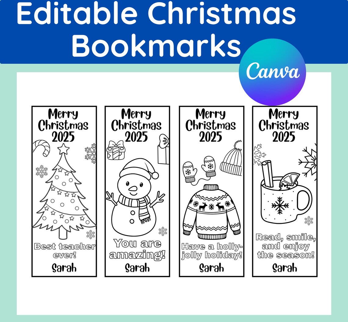 Editable Christmas Bookmarks Printable, 4 Festive Designs, DIY Holiday ...