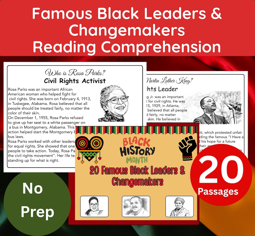 Black History Month Reading Comprehension | 20 Famous Black Leaders ...