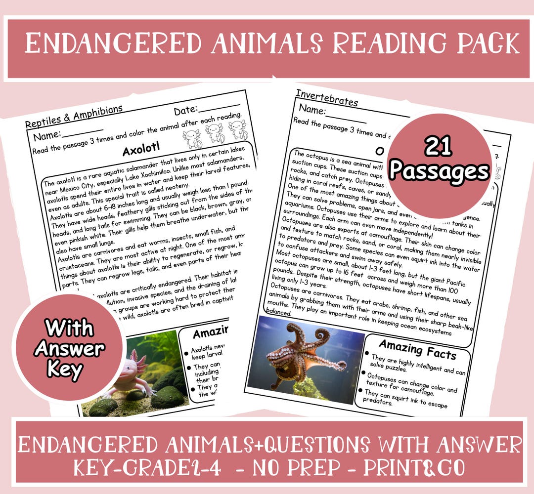 Endangered Animals Reading Comprehension: Grades 2-4 (printable ...