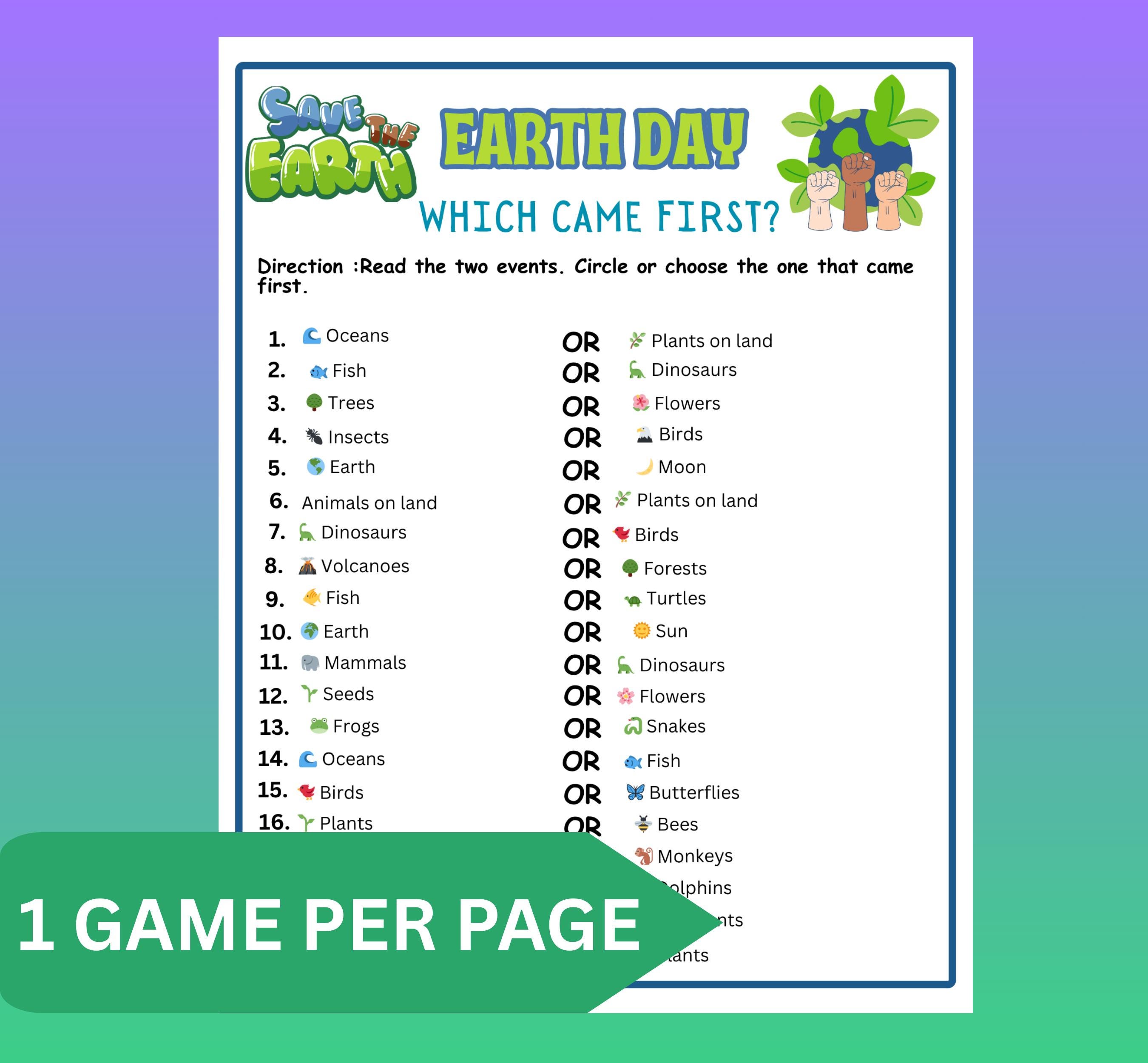Earth Day Which Came First Game Printable | Environmental Trivia ...