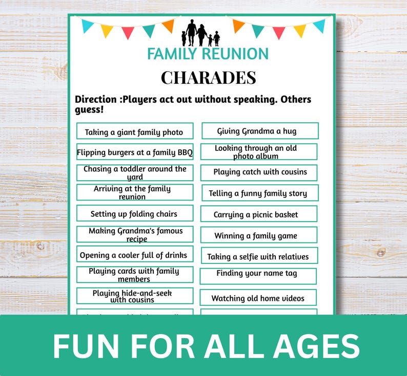 Family Reunion Charades Game Printable | Family Gathering Icebreaker ...