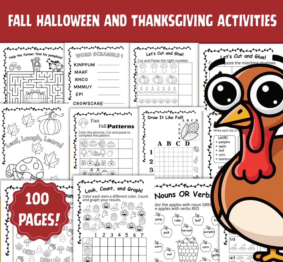 100 Thanksgiving Activity Pages, Activity Worksheets Bundle, Kid's ...