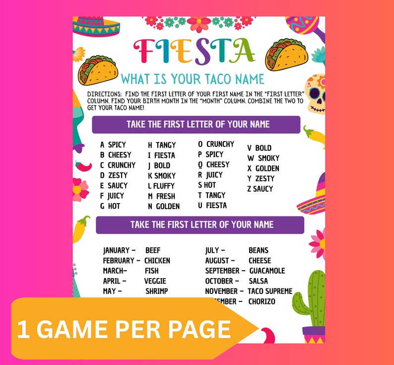 Cinco De Mayo What’s Your Taco Name Game | Fiesta Party Printable | Fun ...