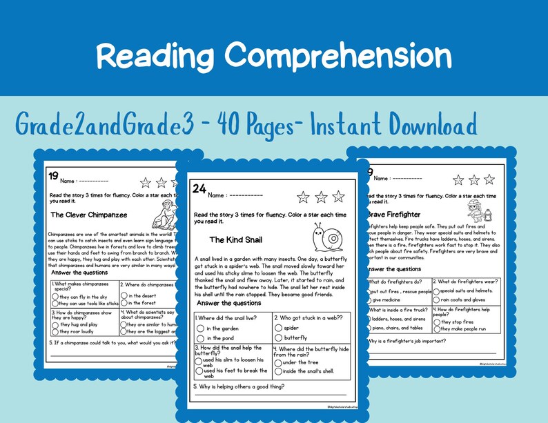 40 Reading Comprehension Passages for Grade 2 & 3 | Printable Fluency ...