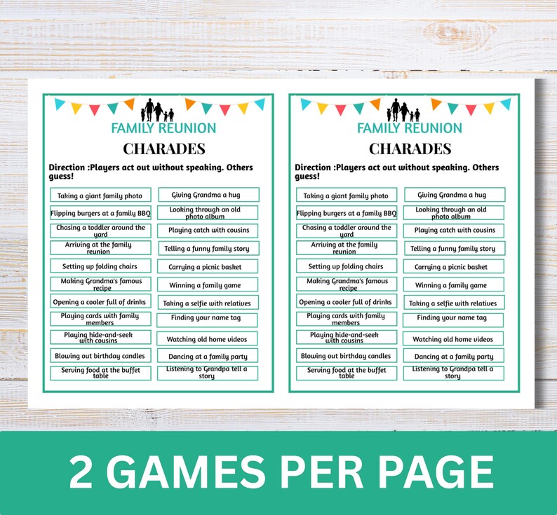 Family Reunion Charades Game Printable | Family Gathering Icebreaker ...