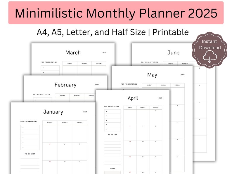 2025 Monthly Planner: Minimalist Design, A4/a5/letter Sizes (printable ...