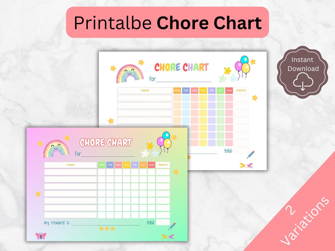 Printable Kids Chore Chart: Rainbow Theme, | Chore Card | A4 (digital ...