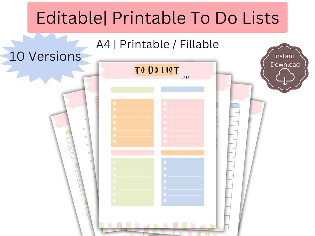 To-do Lists, Task Lists, Printable & Fillable Templates PDF, A4 Size ...