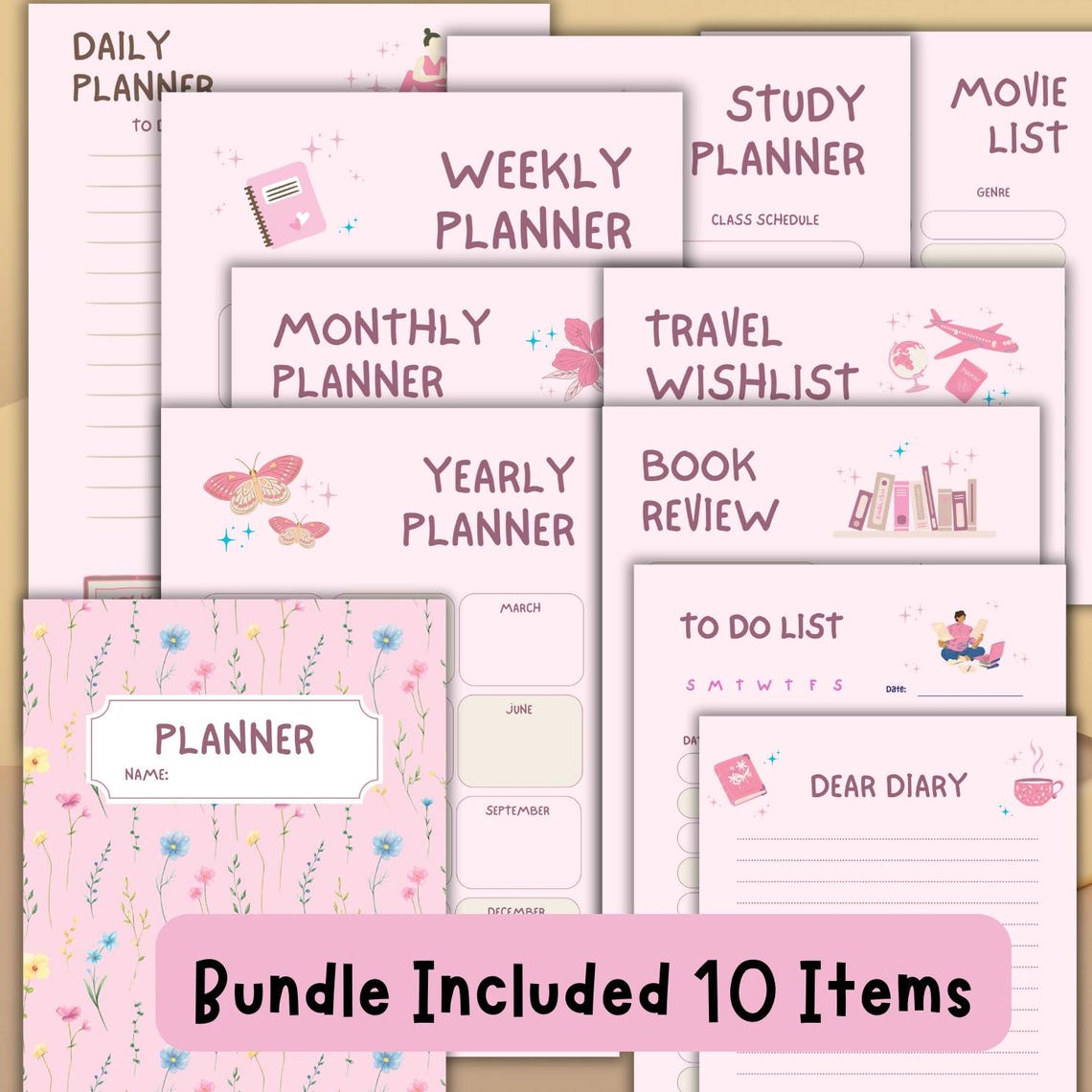 Pink Floral Printable Planner Bundle | 10-in-1 Elegant Digital Planning ...