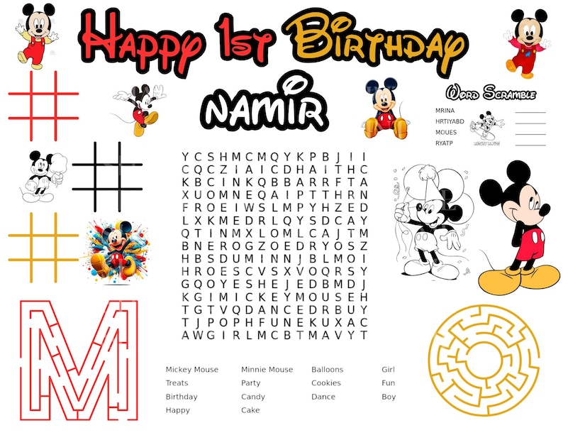 Digital Boys Activity Sheet, Mickey, Mouse, Placemat, Instant Download ...