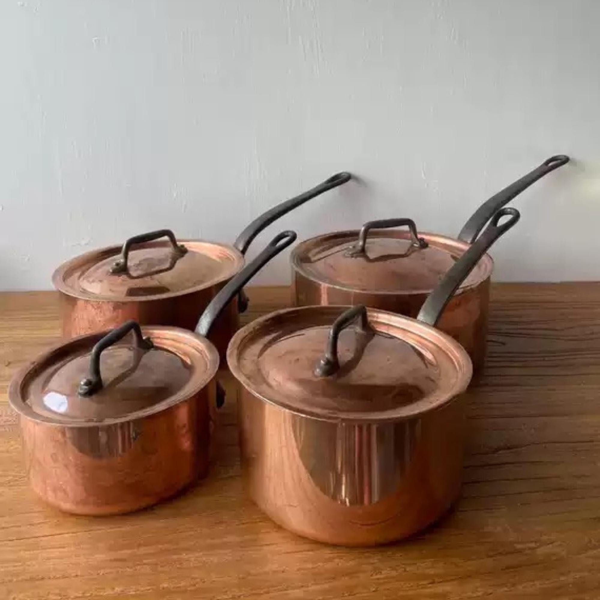 French Vintage Copper Sauce Saute Pans Cook Pots With Lid Tin Lining ...