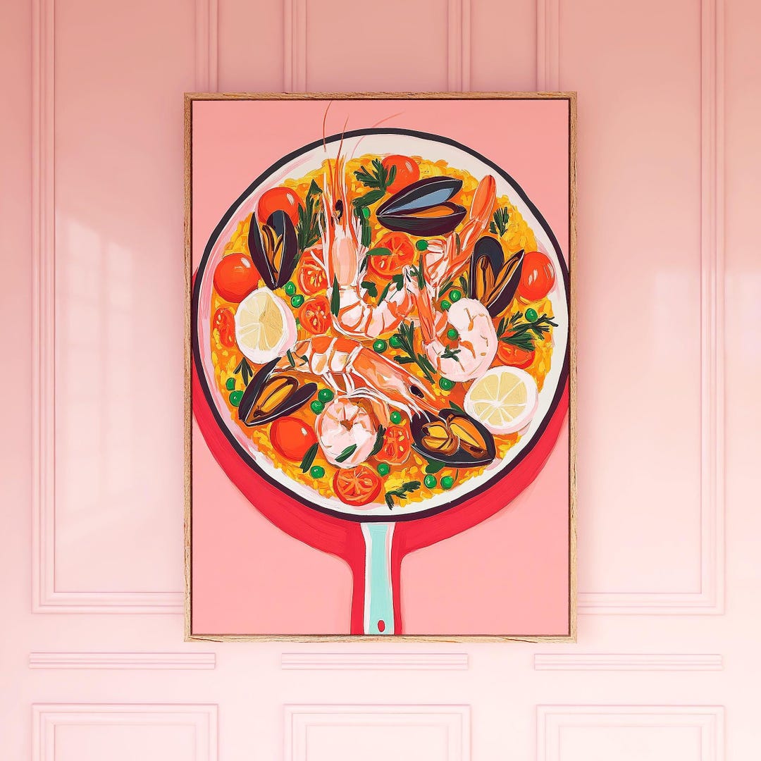 Seafood Paella Wall Art Print | Feminine Foodie Poster | Fun Pink ...