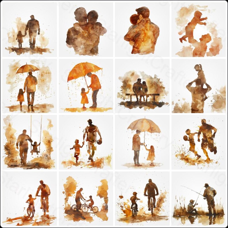 16 Watercolor Father’s Day Clipart, Dad and Child Silhouette Bundle ...