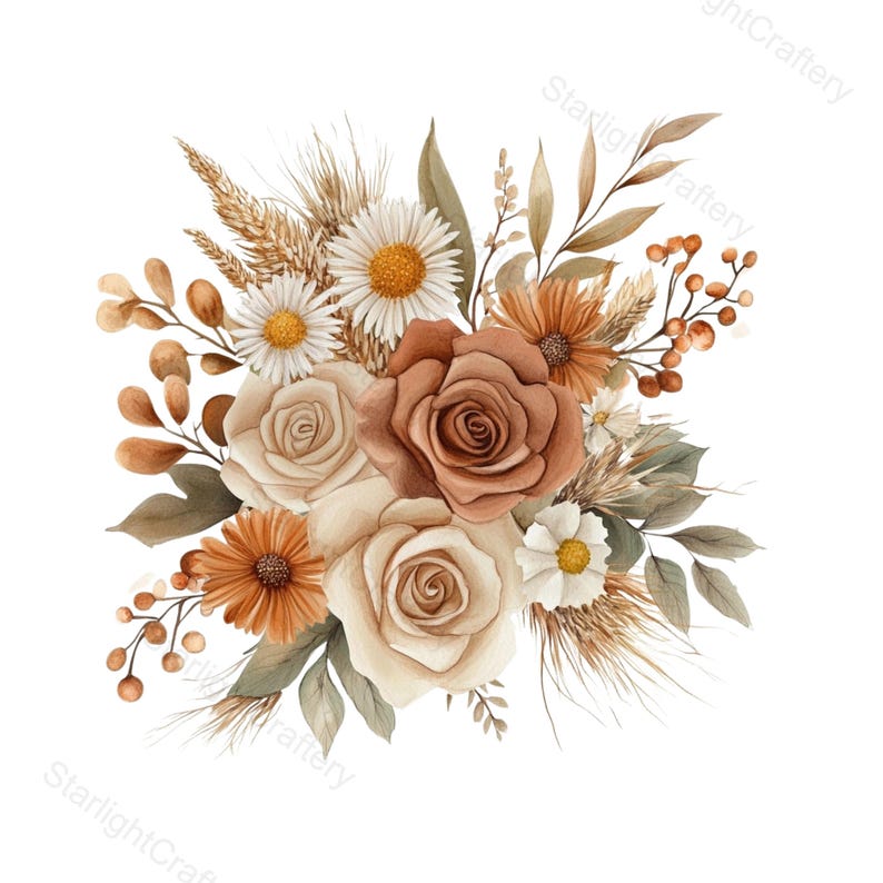 12 Watercolor Wedding Floral Clipart, Rustic Boho Bouquet, Vintage ...