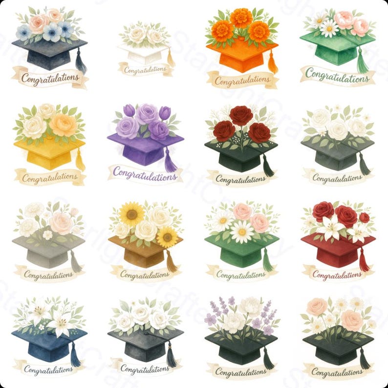 16 Watercolor Graduation Cap Clipart, Floral Graduation Bundle ...