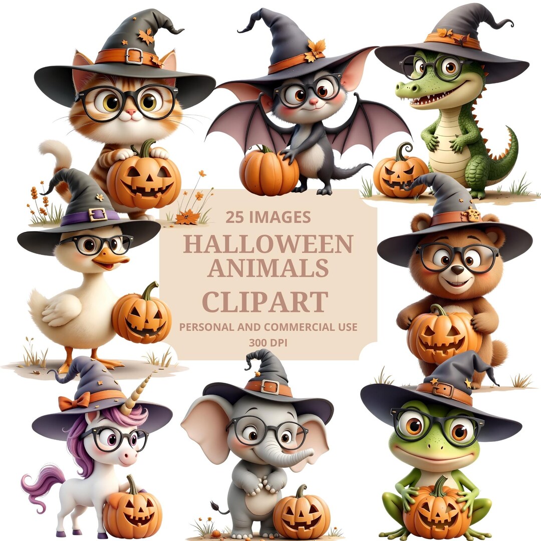 Cute Halloween Animals Clipart Bundle | 25 PNG 300 DPI | Witch Hat ...