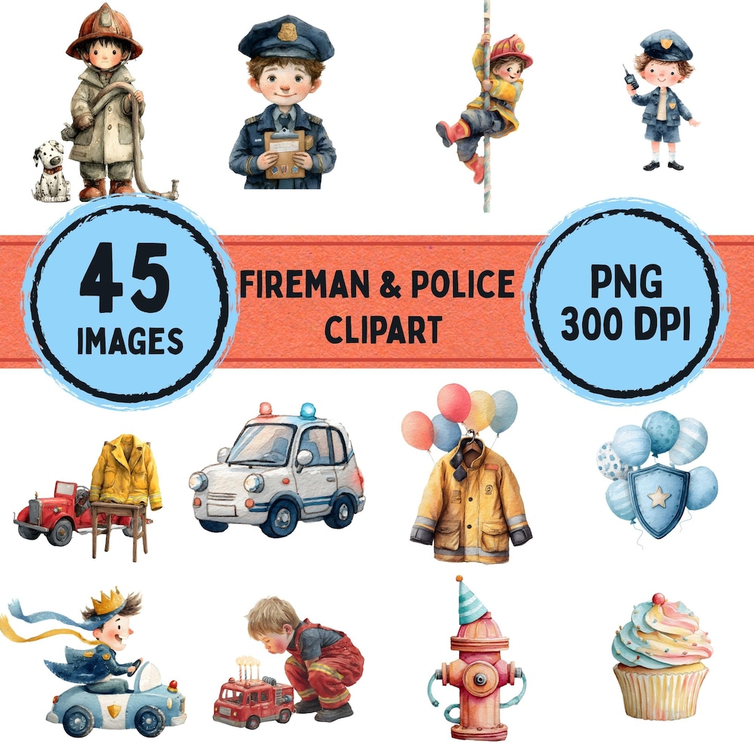 Fireman and Police Clipart – 45 Watercolor PNG Images, 300 DPI - Etsy