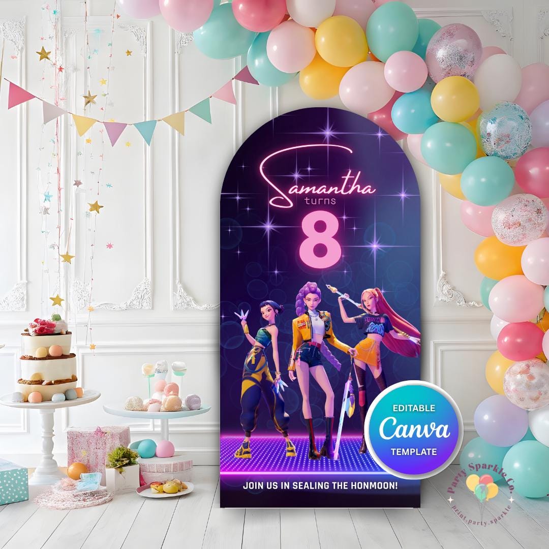 Huntrix Kpop Demon Hunter Inspired Birthday Backdrop | Editable Canva ...