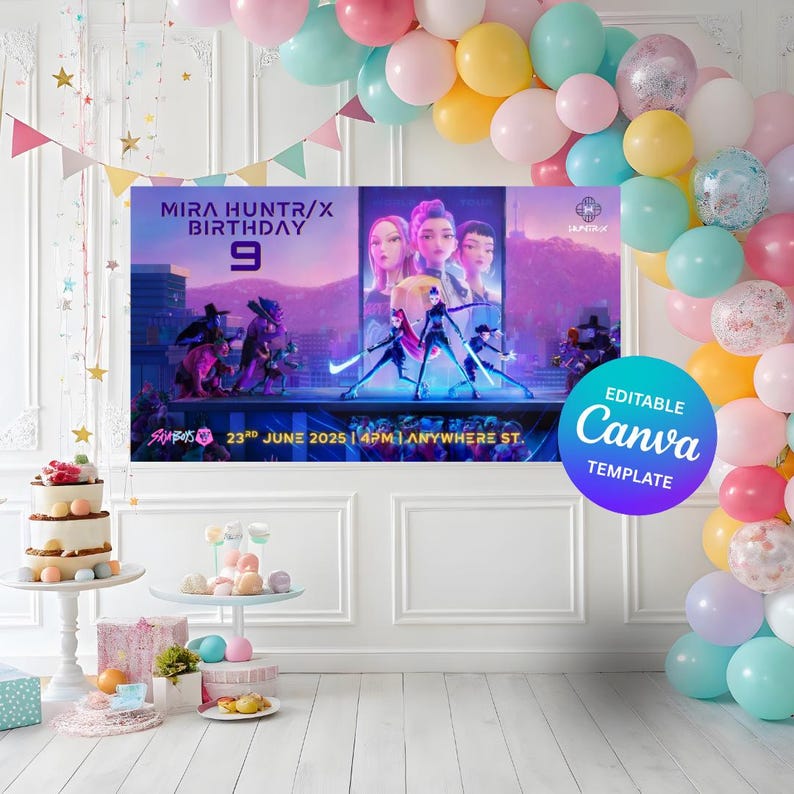 Huntrix Birthday Backdrop: K-pop Anime Party Banner (editable Canva ...
