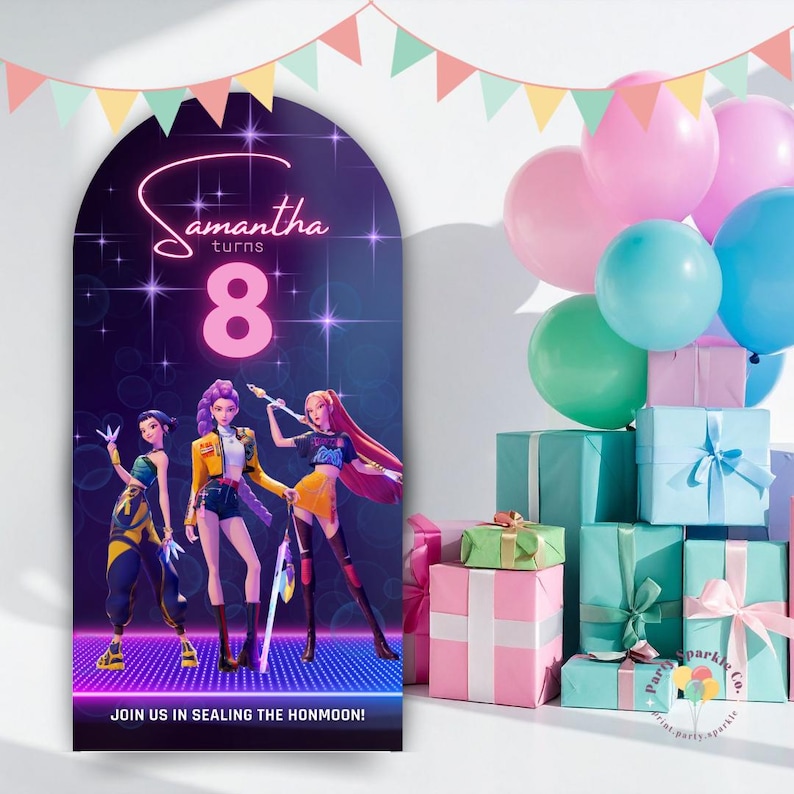 Huntrix Kpop Demon Hunter Inspired Birthday Backdrop | Editable Canva ...