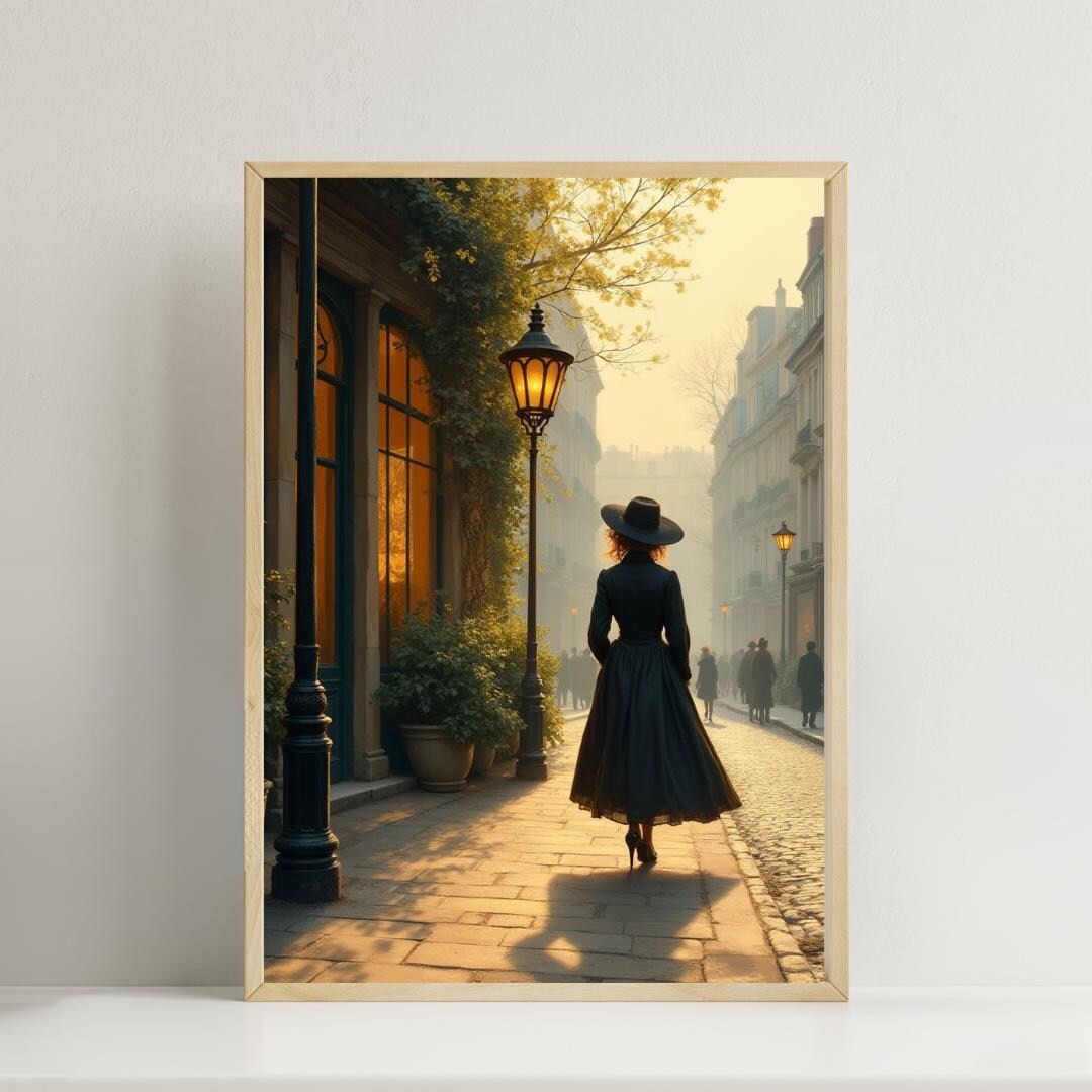Vintage Paris Street Scene- Elegant Woman in Black Dress- Romantic ...