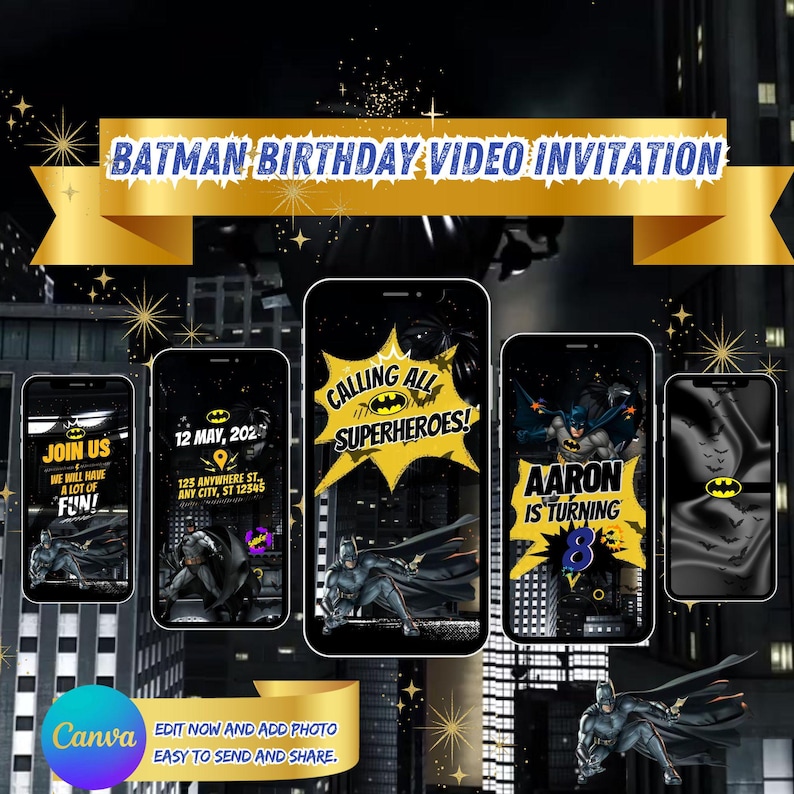 Batman Birthday Video Invitation Editable Template on Canva With Music ...