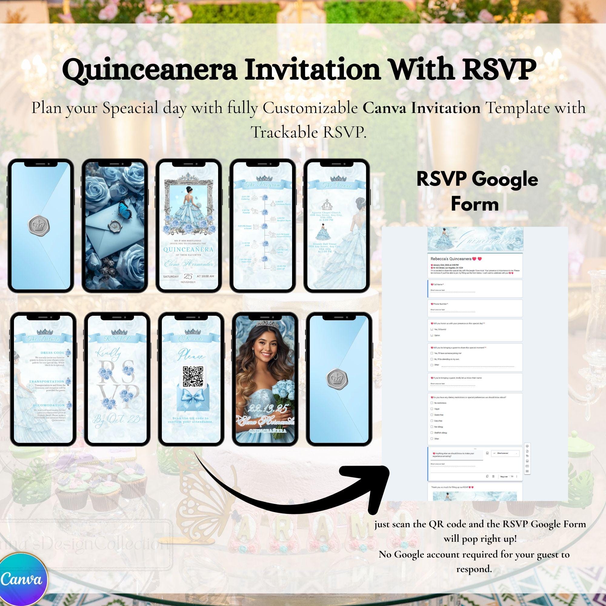 Light Blue Quinceanera Invitation Video Editable Birthday Template ...