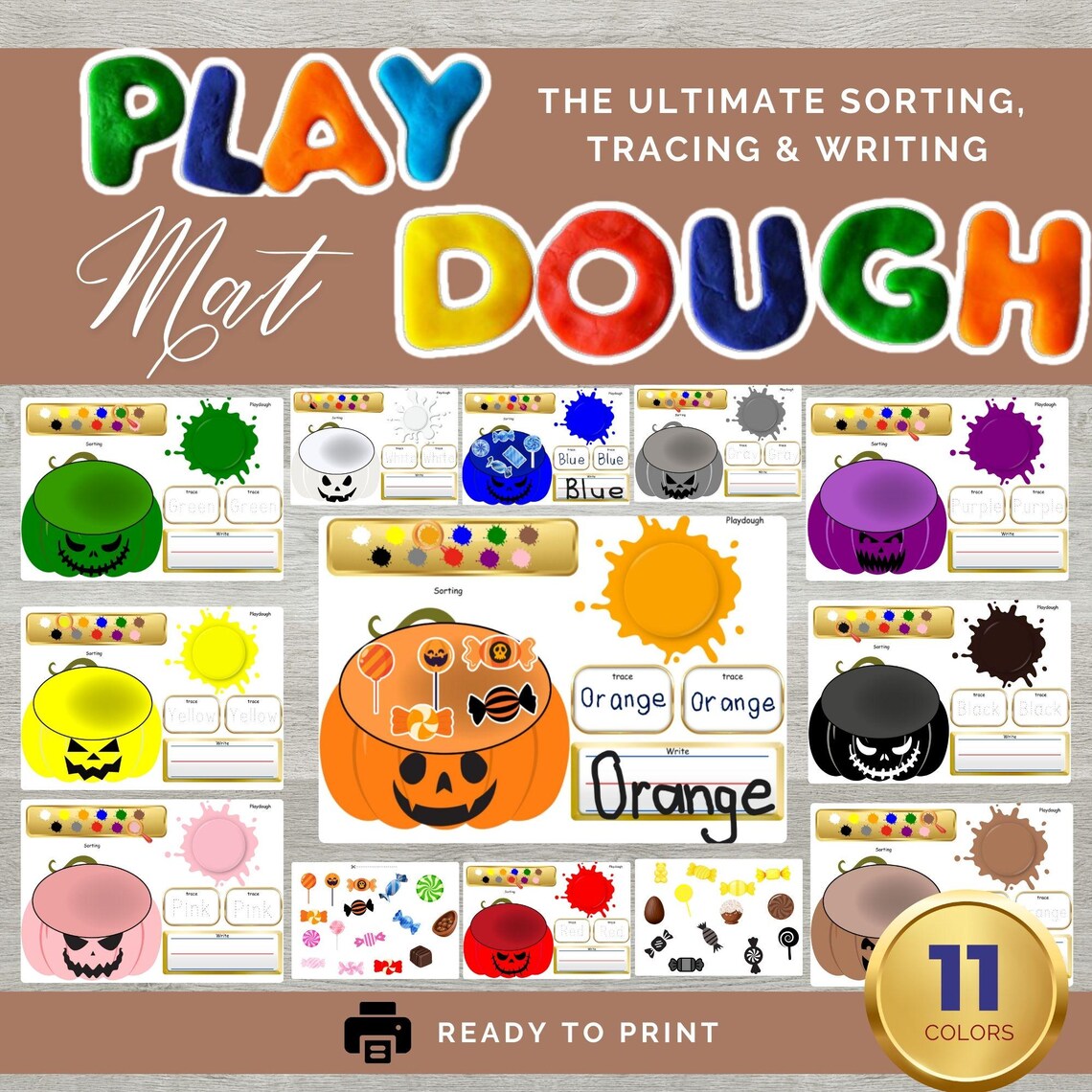 Halloween Themed Playdough Mat, Tracing Sorting Writing Mat, Kids ...