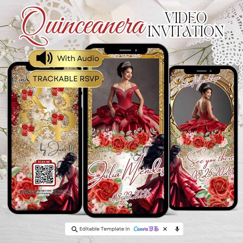 Red Digital Quinceanera Invitation, Video Invite, QR Code RSVP ...