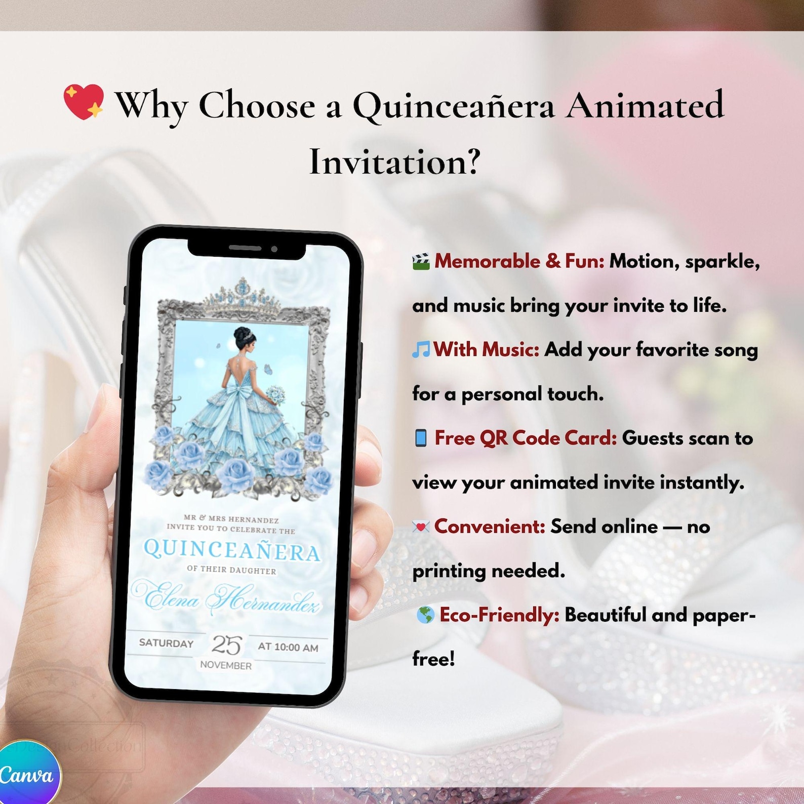 Light Blue Quinceanera Invitation Video Editable Birthday Template ...