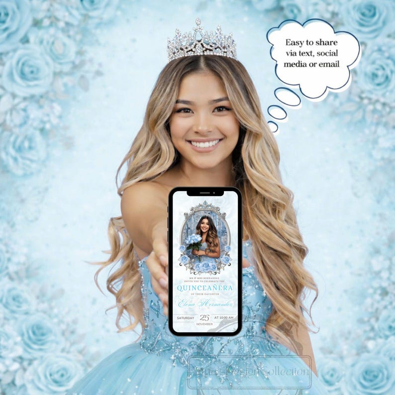 Light Blue Quinceanera Invitation Video Editable Birthday Template ...