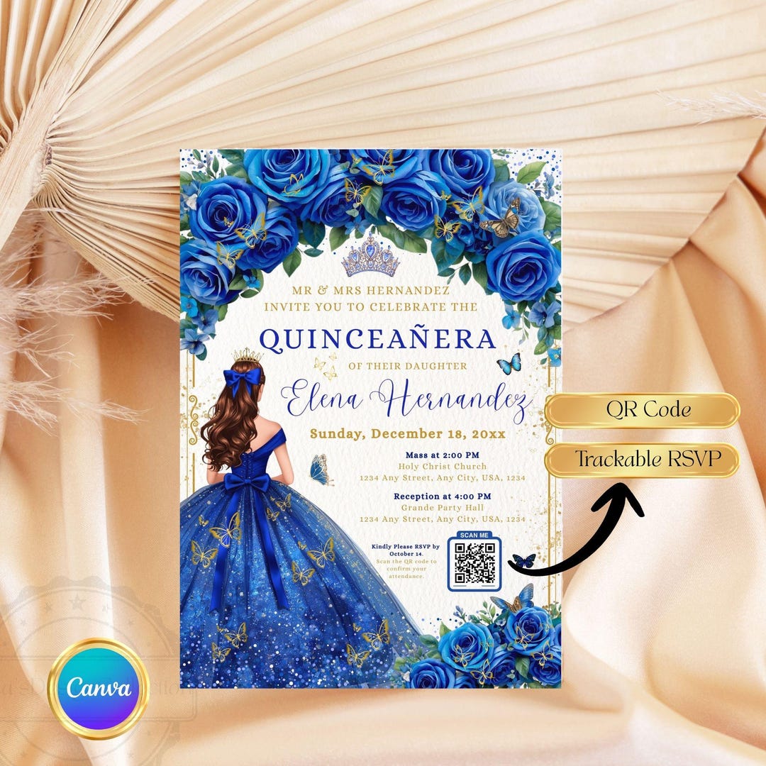 Royal Blue Roses Gold Princess Quinceañera Invitation Printable ...