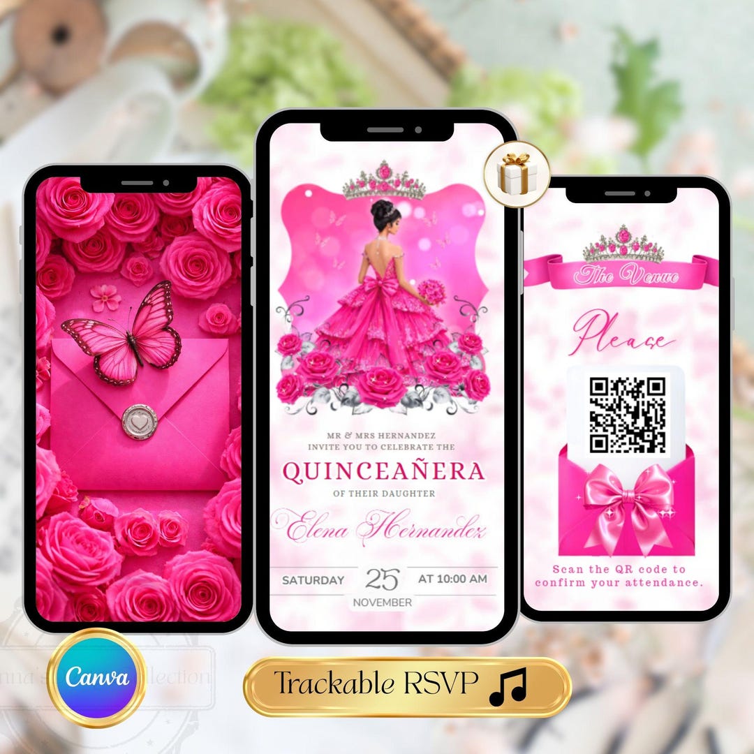 Quinceañera Digital Invitation Pink Magenta Floral | Sweet 15 & Sweet ...