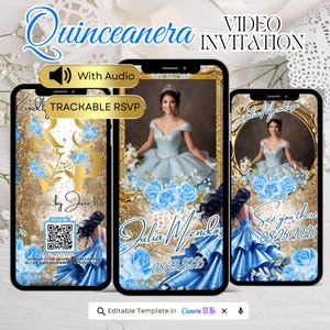 Light Blue Digital Quinceanera Invitation, Video Invite, QR Code RSVP ...